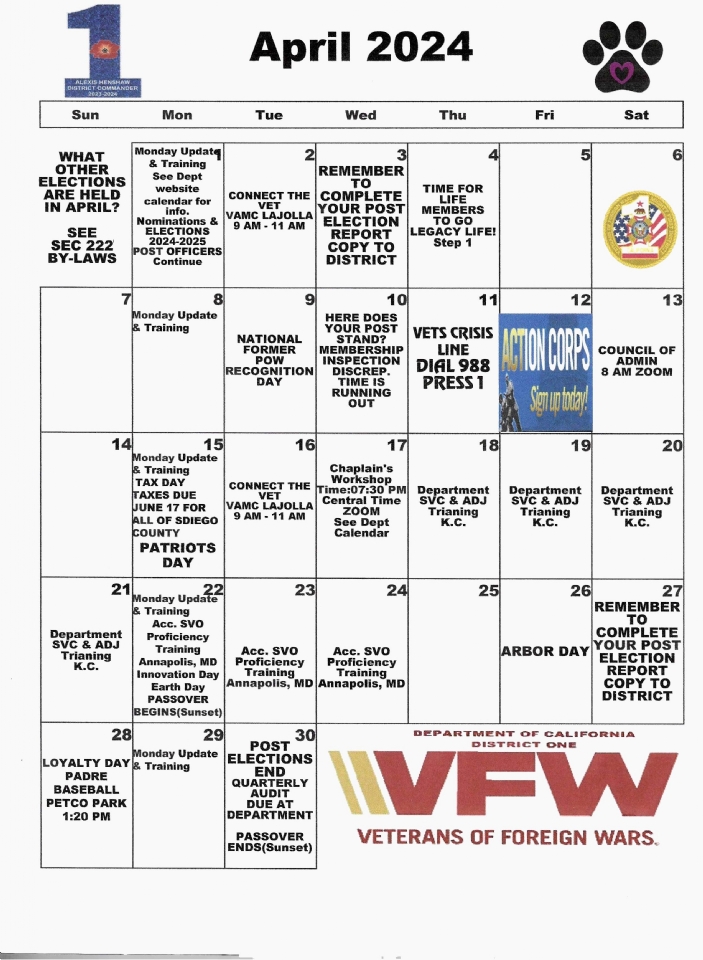 Post Calendars - VFW CA District 1